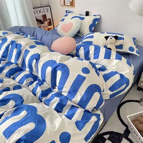 Bold Blue Letter Bedding Set Korean Y2k Bedding Set For Gen Z Dorms