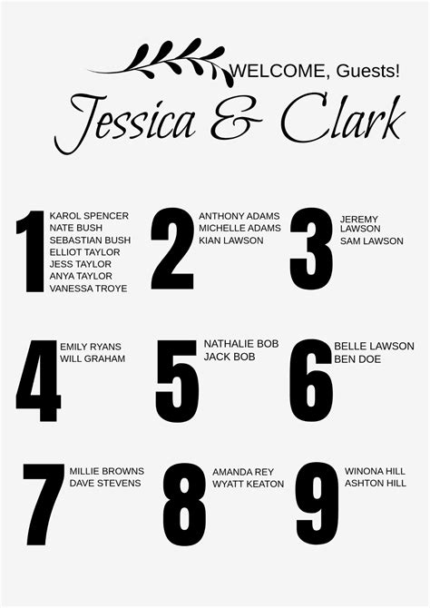 Free Wedding Table Number Seating Chart Template To Edit Online