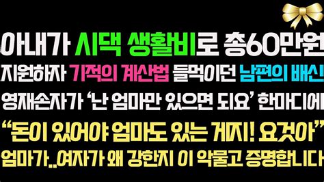 [실화사연]아내가 시댁생활비로 총60만원을 지원하자 기적의 계산벌 들먹이던 남편과 시댁의 배신 영재손자의 한마디에 사연라디오 썰