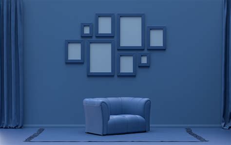 현대적인 인테리어 평면 어두운 파란색 객실 단일 의자 식물없이 포스터 프리젠 테이션벽에 8 프레임 갤러리 벽 템플릿 3d 렌더링 0명에 대한 스톡 사진 및 기타 이미지