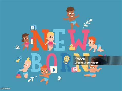 신생아 타이포그래피 책 표지 벡터 일러스트레이션 플랫 스타일의 문자와 아이콘과 재미를 귀여운 아기 만화 캐릭터 신생아를 가진 가족을 위한 인사말 카드 가족에 대한 스톡 벡터