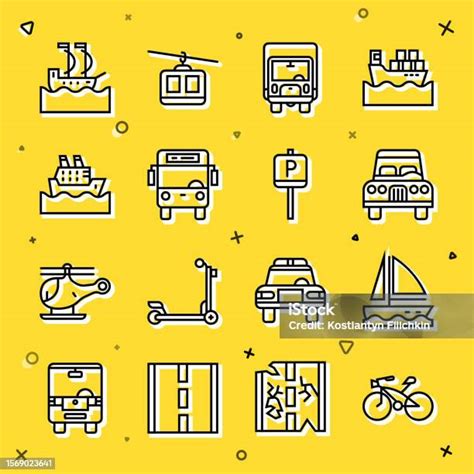 세트 라인 자전거 요트 요트 자동차 배달화물 트럭 버스 유람선 요트 및 주차 아이콘 벡터 거리에 대한 스톡 벡터 아트 및 기타 이미지 Istock
