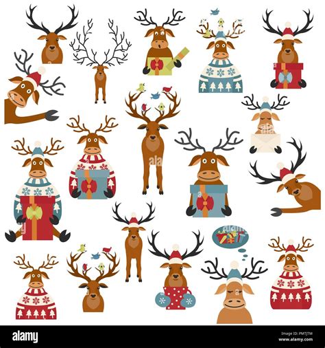 Cute Reindeer Sticker Icon Set Elements For Christmas Holiday Greeting