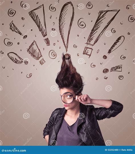 Young Woman With Hair Style And Hand Drawn Exclamation Signs Stock