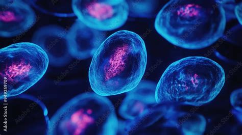 Microscope Slide With Cells Under The Lens Glowing From Fluorescence Stock Illustration