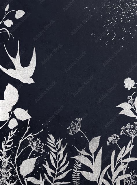Graphic Floral Illustration Silver Inked Flowers Frame Border