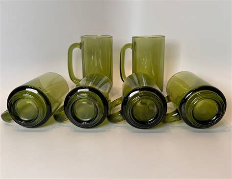 Set Of 6 Hazel Atlas D Handle Green Glass Beer Mug Green Glass Beer
