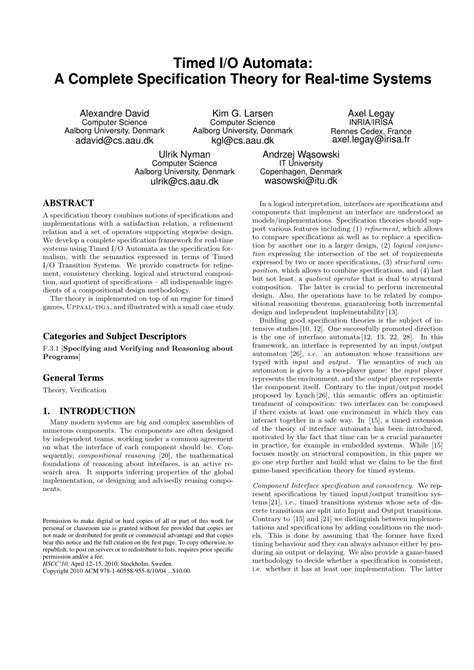 Pdf Timed Io Automata A Complete Specification Theory For Real Time Systems