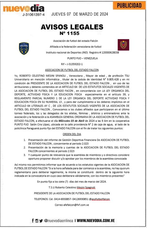 Convocatoria Asociación De Futbol Del Estado Falcón Nuevo Día