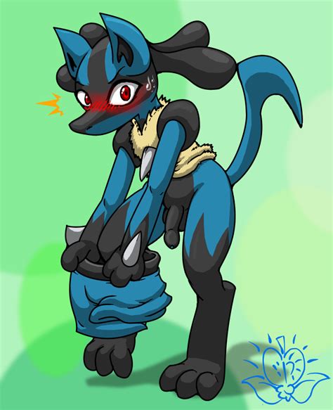 rule 34 blush dressing furry looking at viewer lucario male male only no humans pants penis