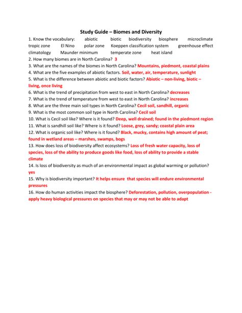 Study Guide Biomes And Diversity