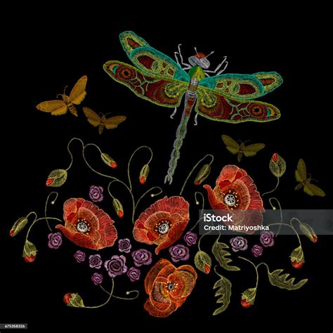 자 수 양 귀 비 잠자리와 나비 벡터입니다 고전적인 아름 다운 나비와 잠자리 자 수에 대 한 세련 된 템플릿 자수에 대한 스톡 벡터 아트 및 기타 이미지 Istock