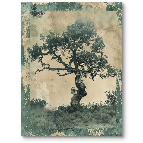 Plakat drzewo natura do salonu beżowo zielony 70x100 cm