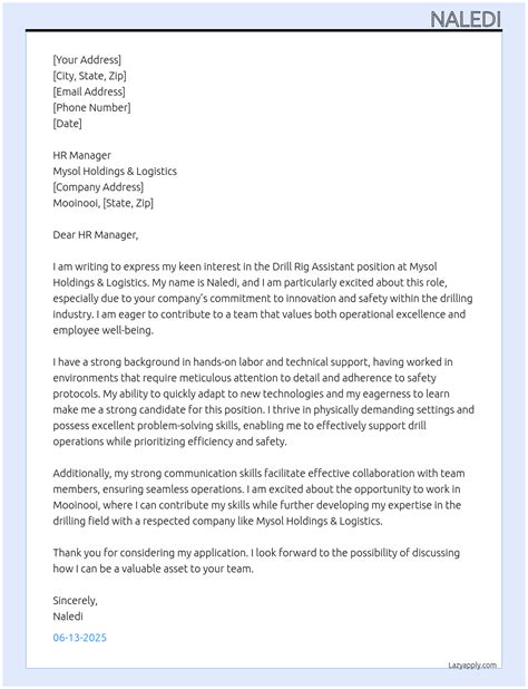 Cover Letter For Drill Rig Assistant Lazyapply