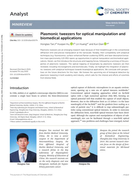 Pdf Plasmonic Tweezers For Optical Manipulation And Biomedical Applications