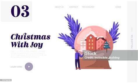 크리스마스와 새해 휴일 웹 사이트 방문 페이지 집과 함께 Xmas 기호 거대한 크리스탈 글로브와 작은 문자 겨울 축제 시즌 축하 웹 페이지 배너입니다 만화 플랫 벡터