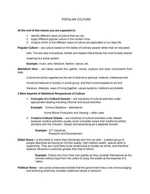 Culture In Our Barangay Philippine Popular Culture Lecture Notes