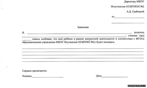 Заявление в школу внеурочная деятельность
