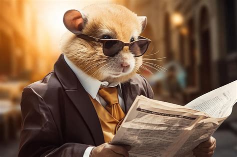 Hamster In Suit And Tie Reading A Newspaper Premium Ai Generated Image