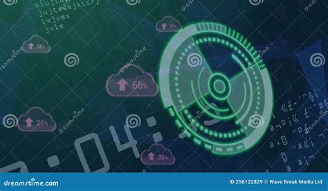 Image Of Scope Scanning And Cloud Icons Over Data Processing Stock