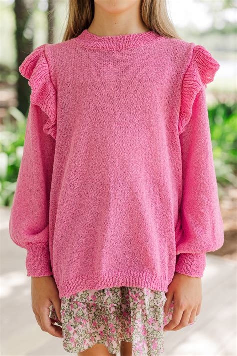 Girls Give Me A Call Pink Ruffled Sweater Shop The Mint