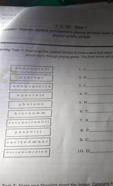 Learning Task 1 Rearrange The Jumbled Letters To Form A Word That