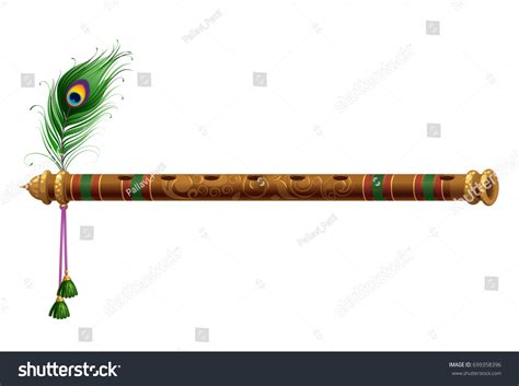 Beautiful Wooden Carved Flute Peacock Feather Stock Vector Royalty