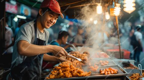 Premium Photo Street Food Vendor In A Bustling Night Market Serving