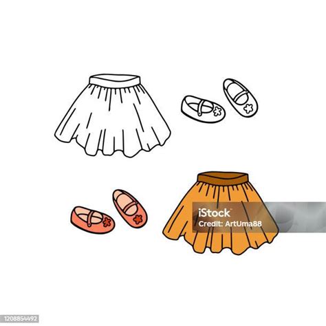 어린이 오렌지 스커트와 신발 벡터 일러스트 흰색 배경에 밝은 고립 된 평평한 것 책 엽서 및 기타 디자인을 장식하십시오 0명에