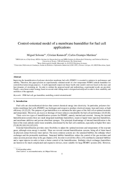 Pdf Control Oriented Model Of A Membrane Humidifier For Fuel Cell