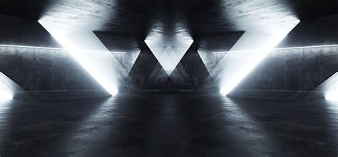 공상 과학 미래 외계인 우주선 밝은 시멘트 그런 지 콘크리트 차고 언더그라운드 터널 홀 빛나는 흰색 윈도우 화이트 블루 Led 레이저 조명 경로 빈 반사 3d 렌더링 0명에