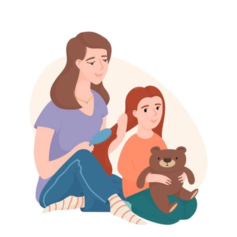 Maman Peigne Les Cheveux De Sa Petite Fille Avec Une Brosse Tous Deux