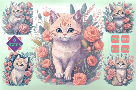 Cute Kitten In Flowers Watercolor Png Graphic By Irish Solo · Creative