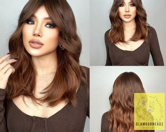 Beautiful Human Hair Blend Wig Brownish Copper Red Long Wavy Etsy
