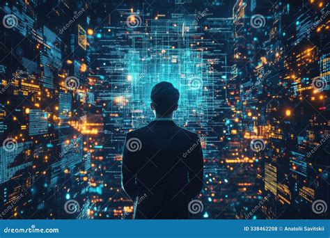 A Cybersecurity Expert Analyzes Encrypted Codes And Firewalls In A Virtual Data Space At Sunset