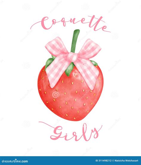 Coquette Strawberry With Pink Ribbon Bow Aesthetic Watercolor Hand Drawing Stock Vector
