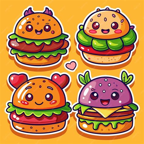 Four Cute Cartoon Hamburger Characters On A Yellow Background Premium