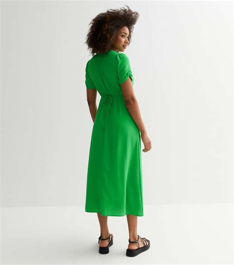 Green Ruched Puff Sleeve Button Front Midi Dress New Look