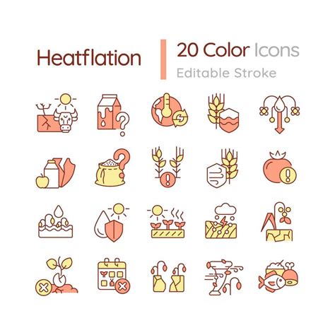 Editable Color Icons Set Representing Heatflation Isolated Vector Global Warming Impact Thin