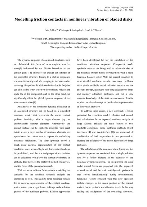 Pdf Modelling Friction Contacts In Nonlinear Vibration Of Bladed Disks