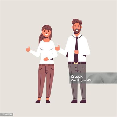 행복 한 사업가 남자 여자 손을 잡고 엄지손가락 제스처 커플 동료 서 함께 성공적인 팀웍 개념 평면 전체 길이 엄지손가락을