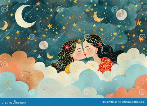 A Whimsical Illustration Of Two Women Sharing A Kiss On A Whimsical