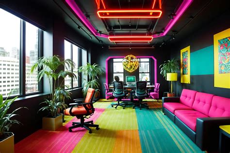 Maximalist Style Office Interior With Windows And Desk Lamps And
