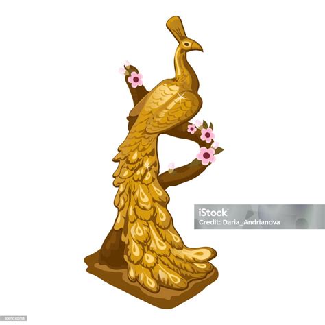 흰색 배경에 고립 된 나무 가지에 앉아 황금 공작의 조각상의 형태로 실외를 수영장 기념품 벡터 만화일러스트 레이 션 공작새에 대한 스톡 벡터 아트 및 기타 이미지 Istock