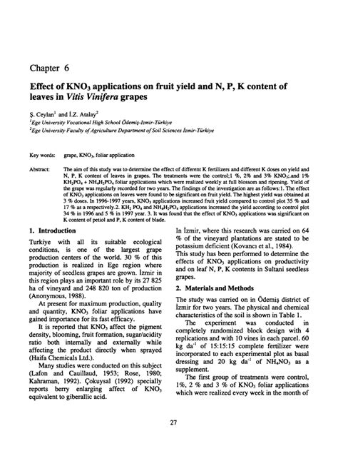 Pdf Effect Of Kno3 Applications On Fruit Yield And N P K Content Of Leaves In Vitis Vinifera