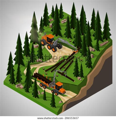 Vector Isometric Illustration Rubbertired Forestry Harvester Stock