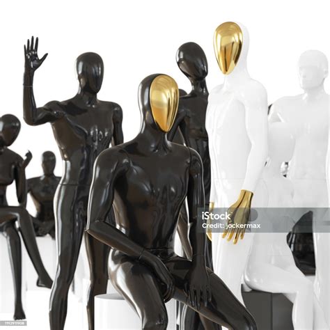 다른 분야에서 흐린 마네킹의 배경에 황금 얼굴을 가진 검은 마네킹 3d 렌더링 3차원 형태에 대한 스톡 사진 및 기타 이미지 3차원 형태 개념 건강한 생활방식