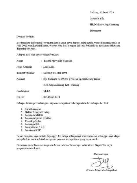 Surat Lamaran Kerja Mixue Sagalaherang Pdf