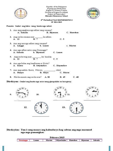 4th Grading Test Math I Pdf