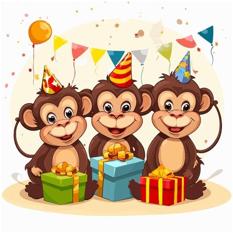 Playful Monkey Group In Party Theme Isolated On White Background